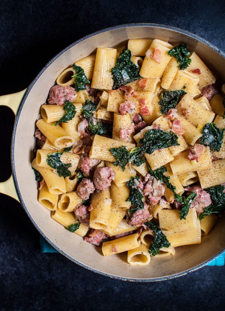 One Pot Rigatoni with Sausage, Bacon, and Kale • Salt & Lavender