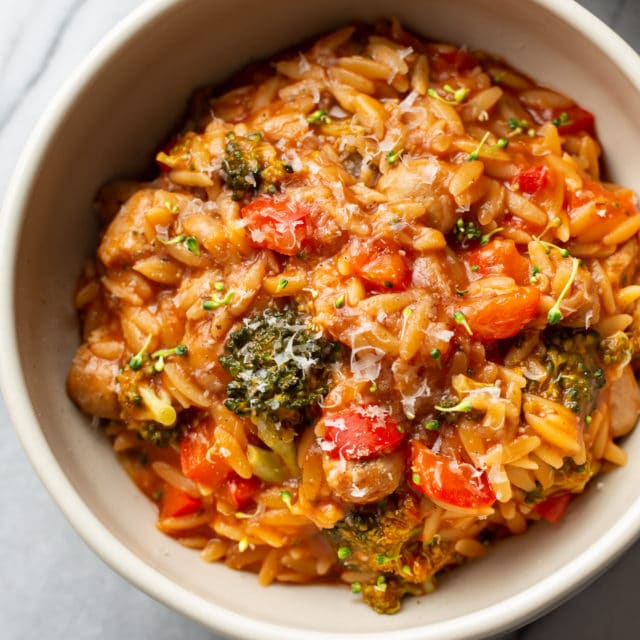 Tomato Orzo with Chicken Sausage and Broccoli • Salt & Lavender